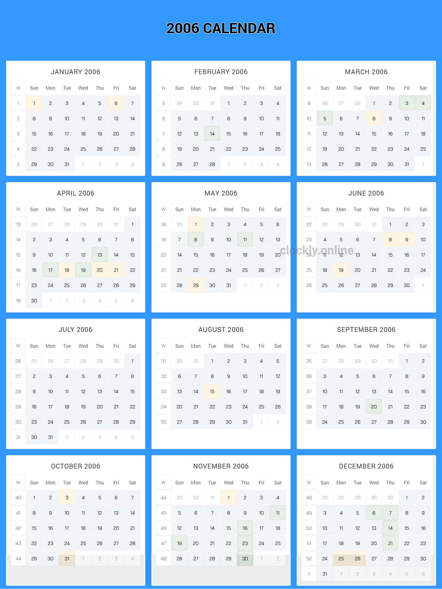 Calendrier gratuit 2006 avec jours fériés – Imprimable & Téléchargeable