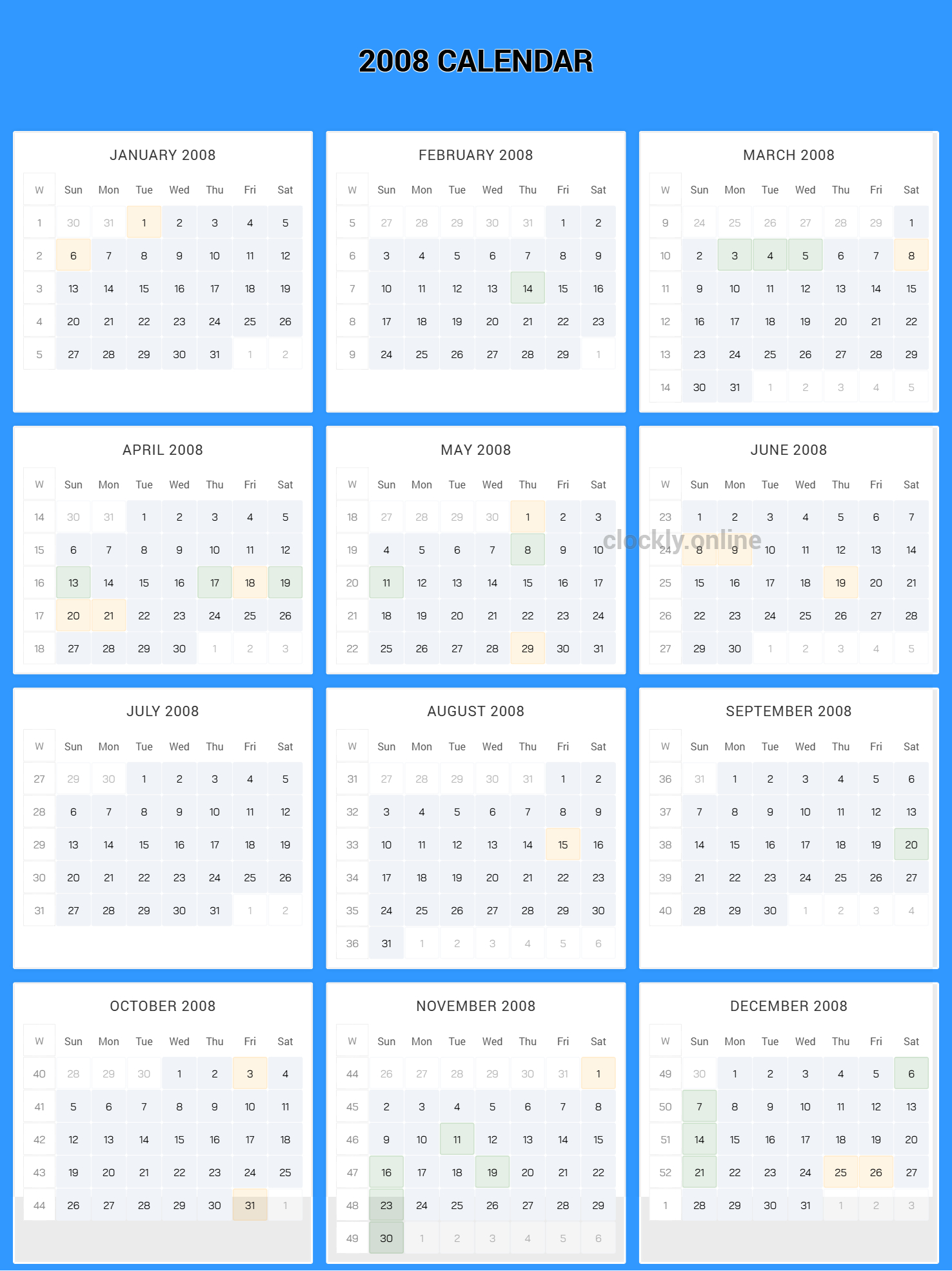 Gratis 2008 Kalender med Helligdager – Utskrivbar & Nedlastbar