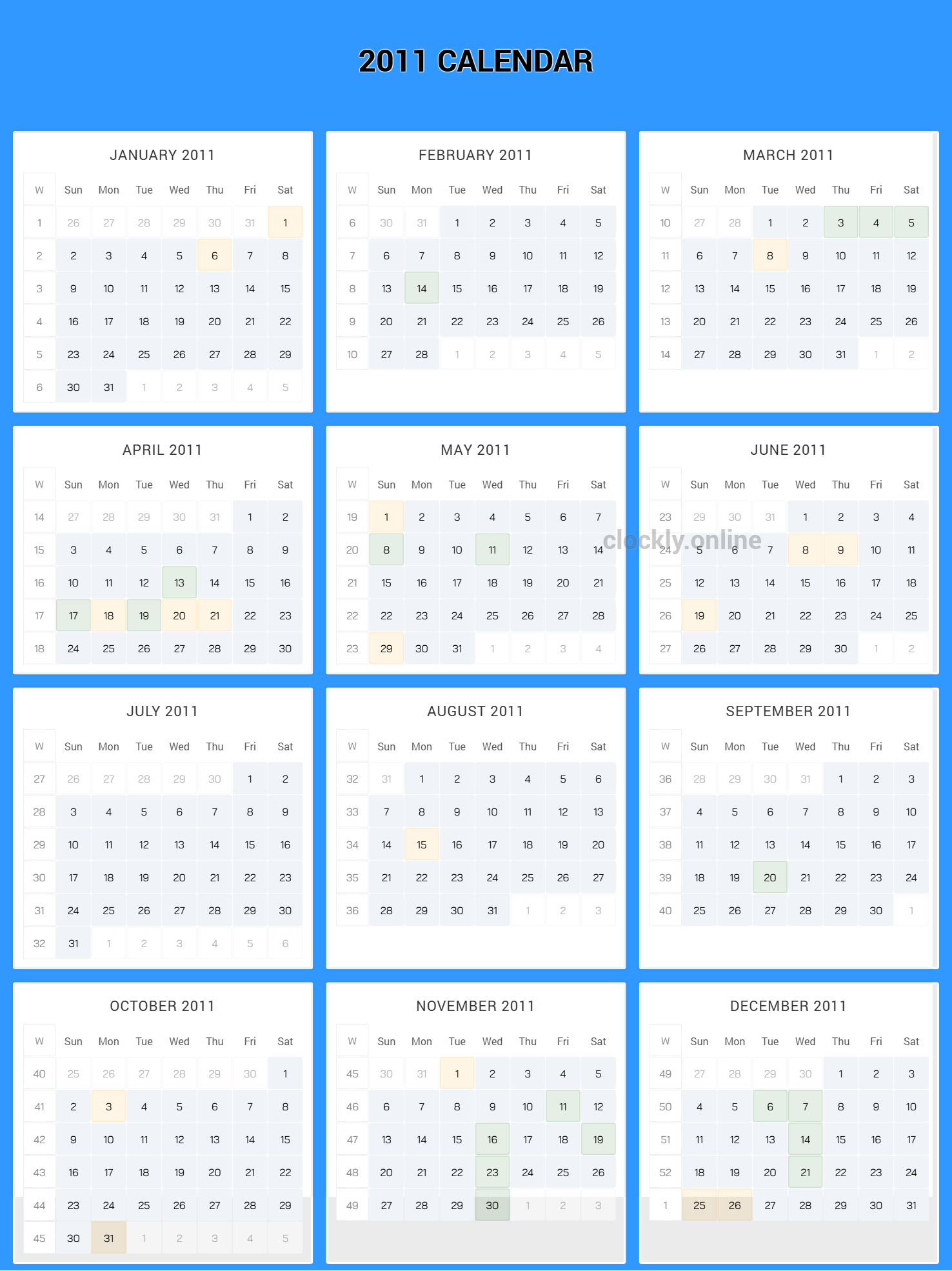 2011 Week Calendar – All 52 Weeks with Dates & Easy Year Switch