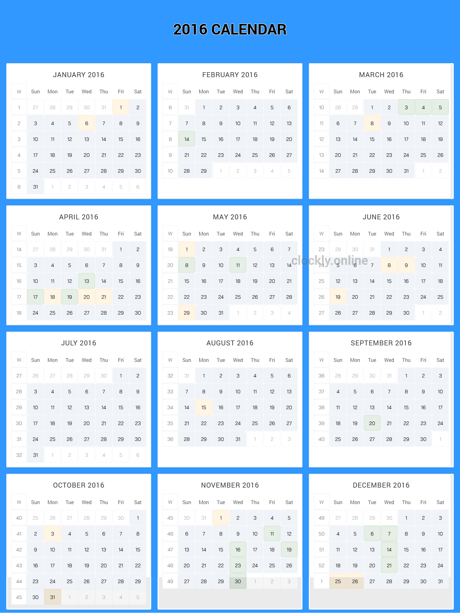 2016 Week Calendar – All 52 Weeks with Dates & Easy Year Switch