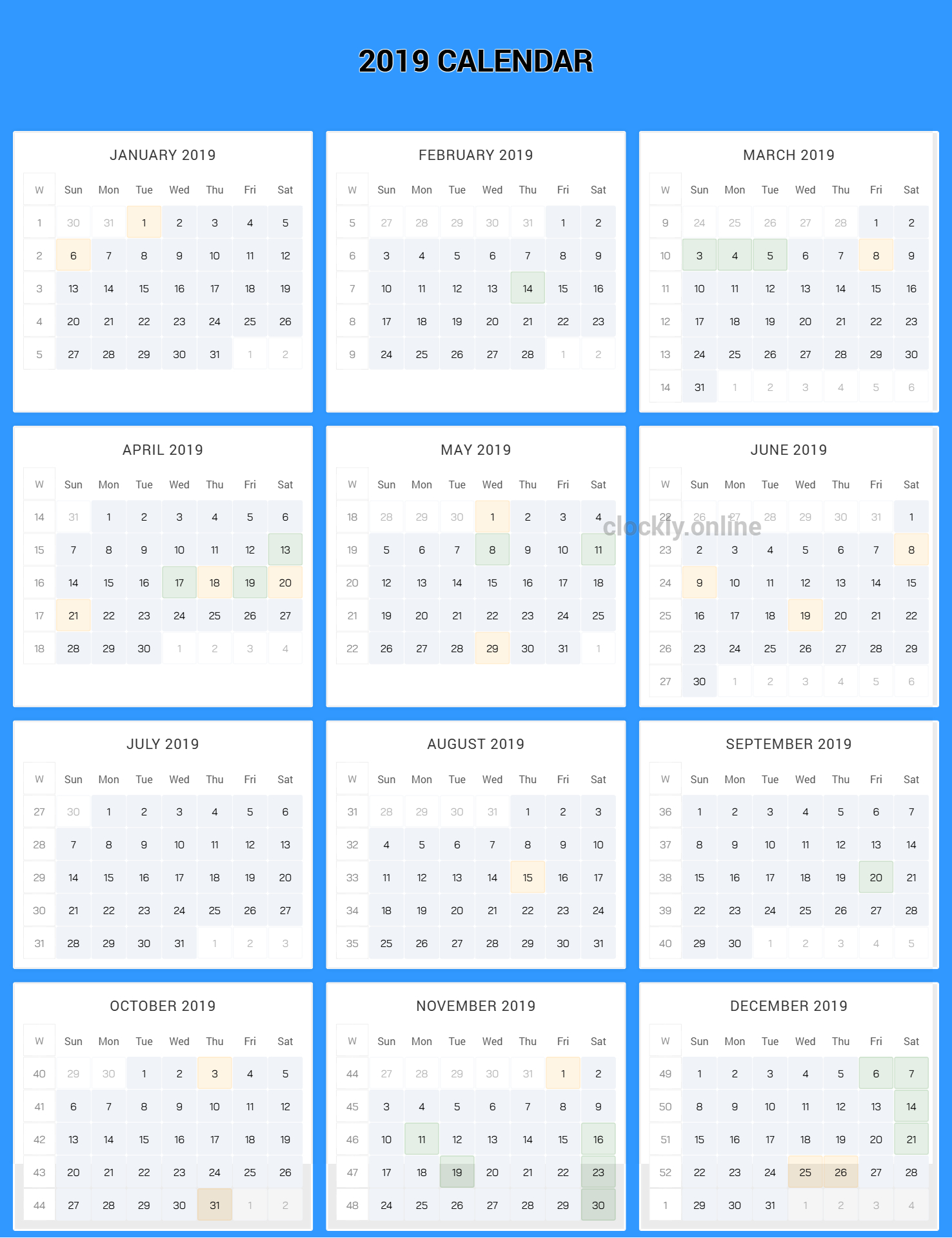 2019 Week Calendar – All 52 Weeks with Dates & Easy Year Switch