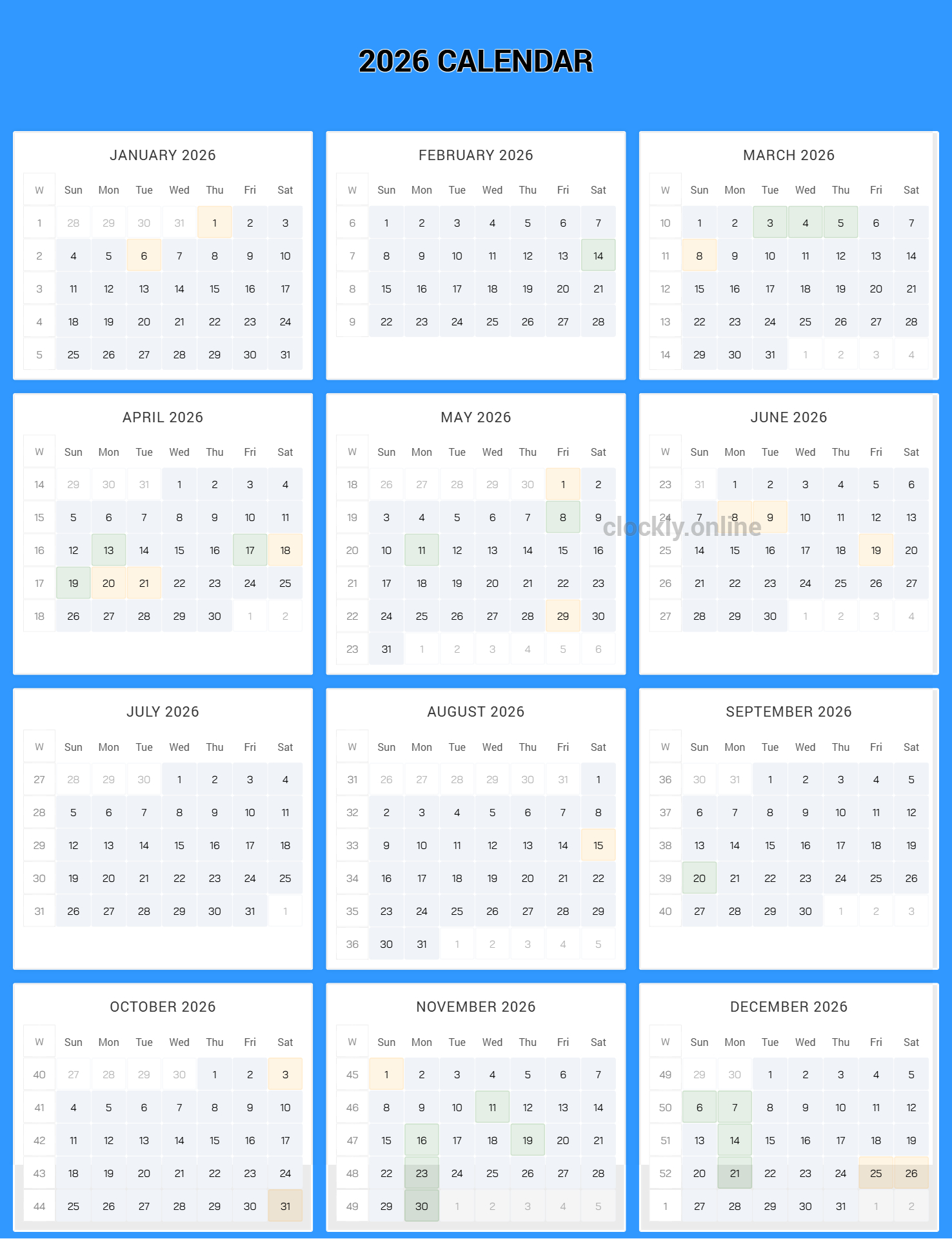 Gratis 2026 Kalender med Helligdager – Utskrivbar & Nedlastbar